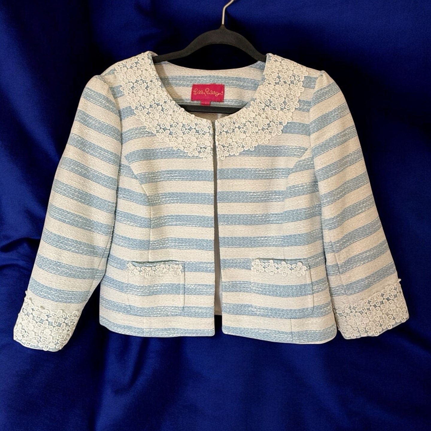 Lilly Pulitzer Nelle Blazer Jacket Striped Floral Appliqué Sz 10 Blue White