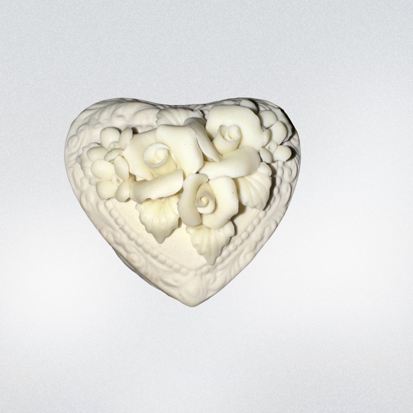 Ceramic Miniature Heart Shaped Trinket Box W/Applied Roses