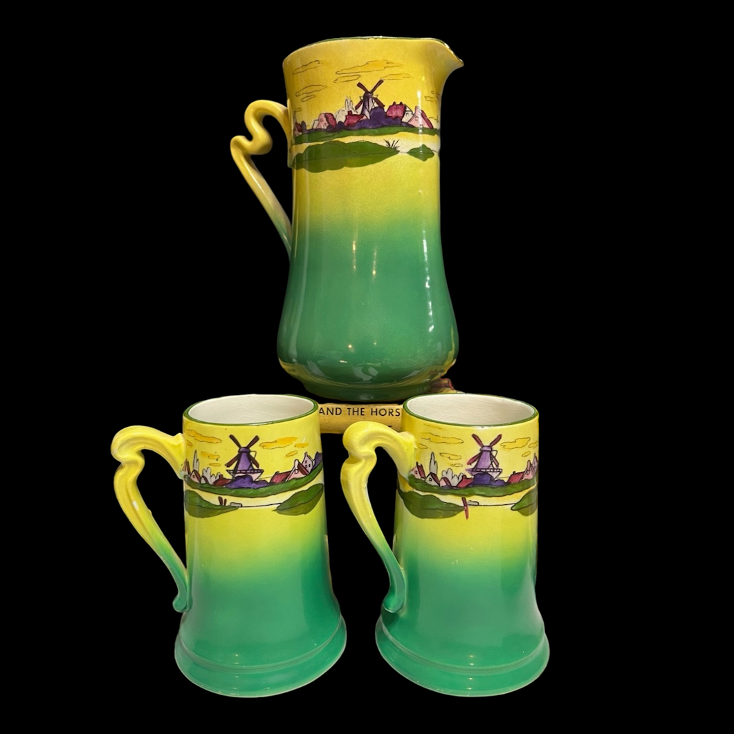 Haynes Ware Holland Sunset Antique Pottery Pitcher & 2 Tankers/Mugs ...