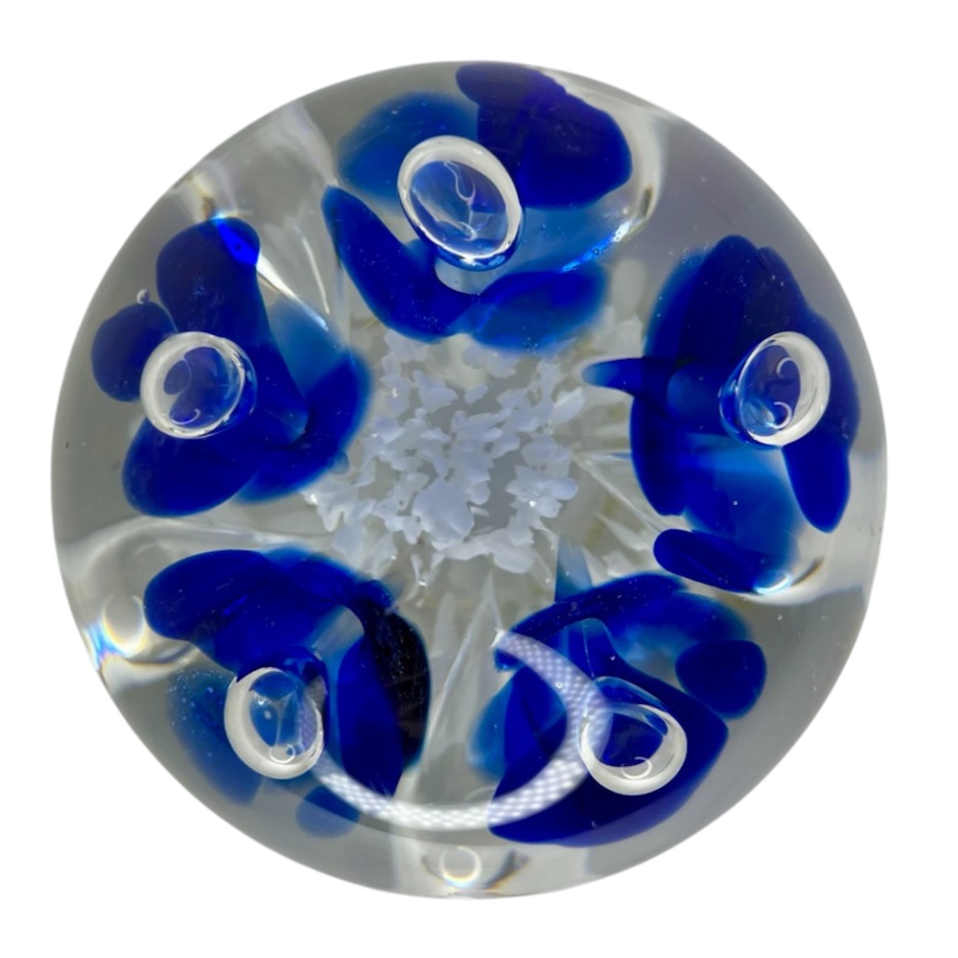 Vintage Joe St. Clair Glass Paperweight Blue & White Trumpet Flowers ...