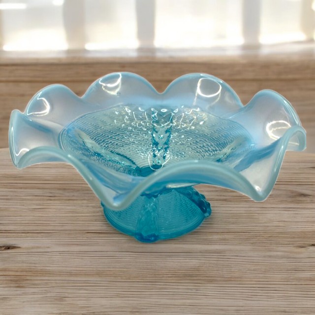 Northwood Button Panels Pattern Blue Opalescent Glass Bowl on Pedestal ...