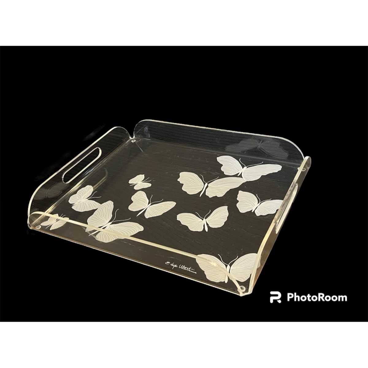 Hand painted Lucite White Butterfly Tray Signed By The Artist 12.5” X 15.5”