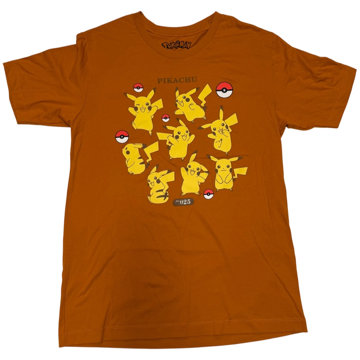 Pokemon Pikachu Multi Pose No. 25 Pokeballs Adult Orange T-Shirt - L
