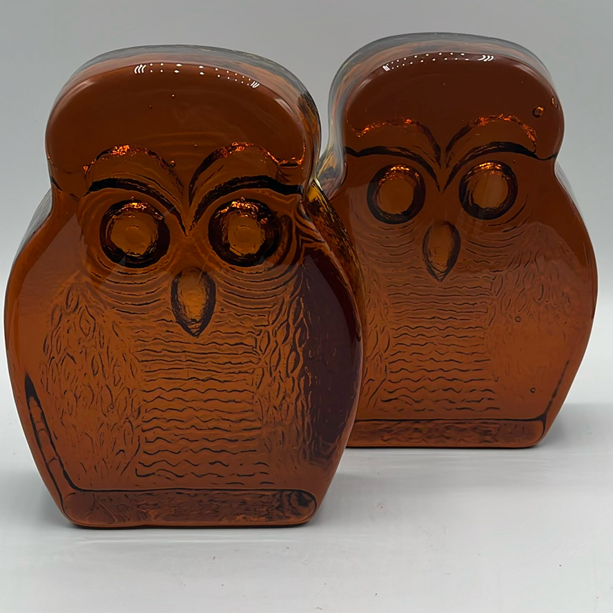 Brown Amber Blenko Glass Owl Bookends Joel Myers
