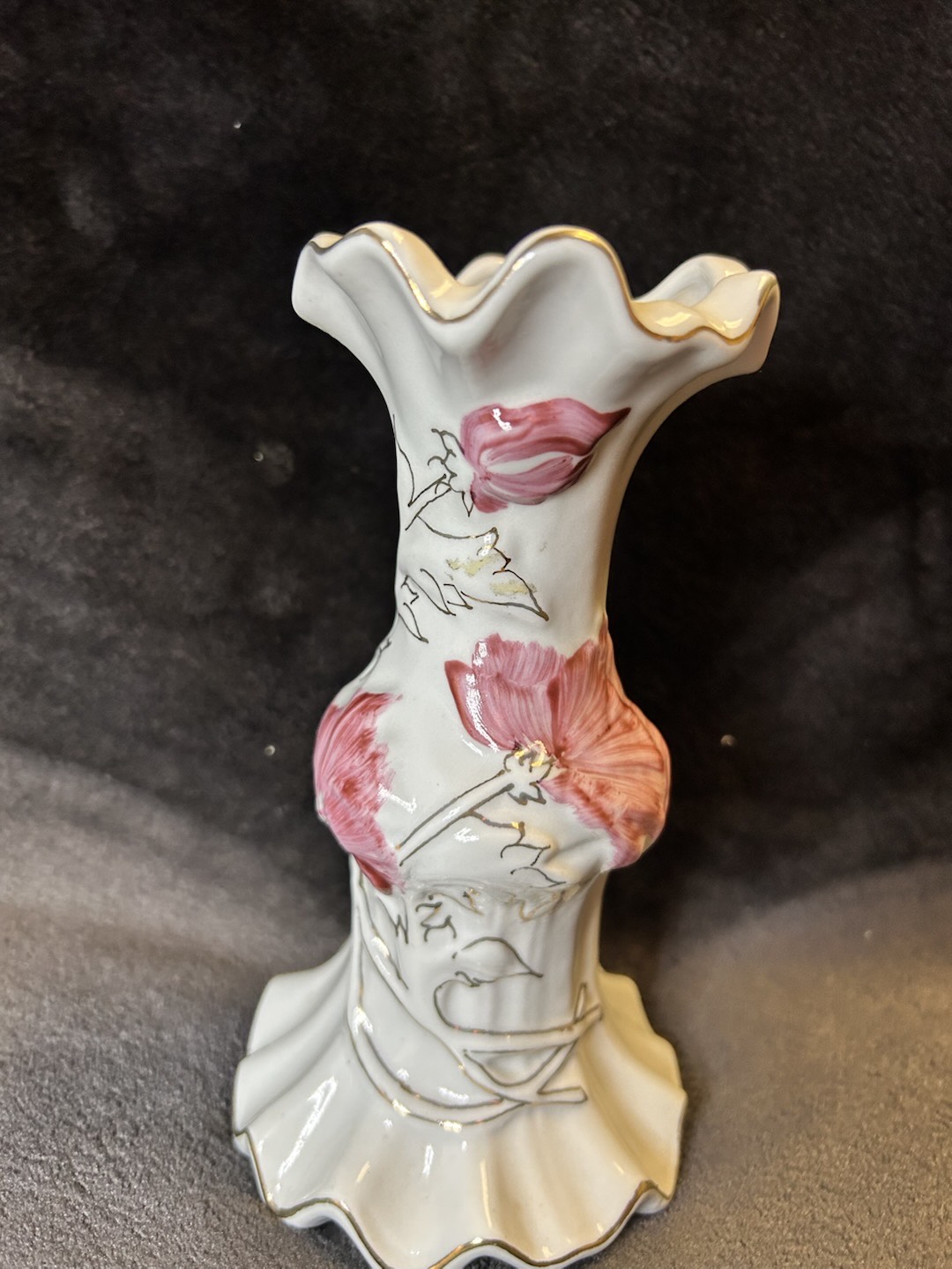 Vintage Made In Romania Porcelain Bud Vase White/ Red & Pink Flowers
