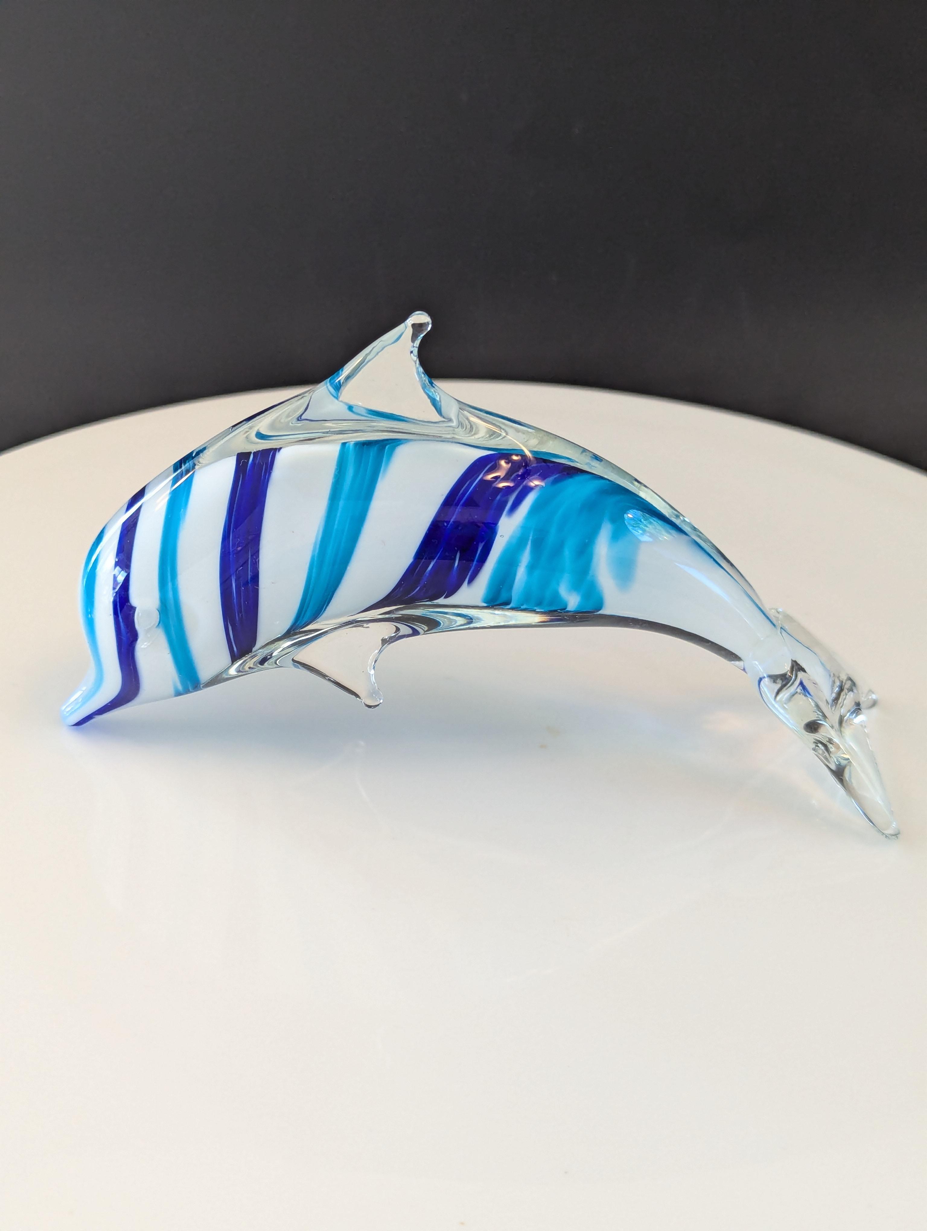 Handcrafted Glass Dolphin Figurine with Blue Stripes