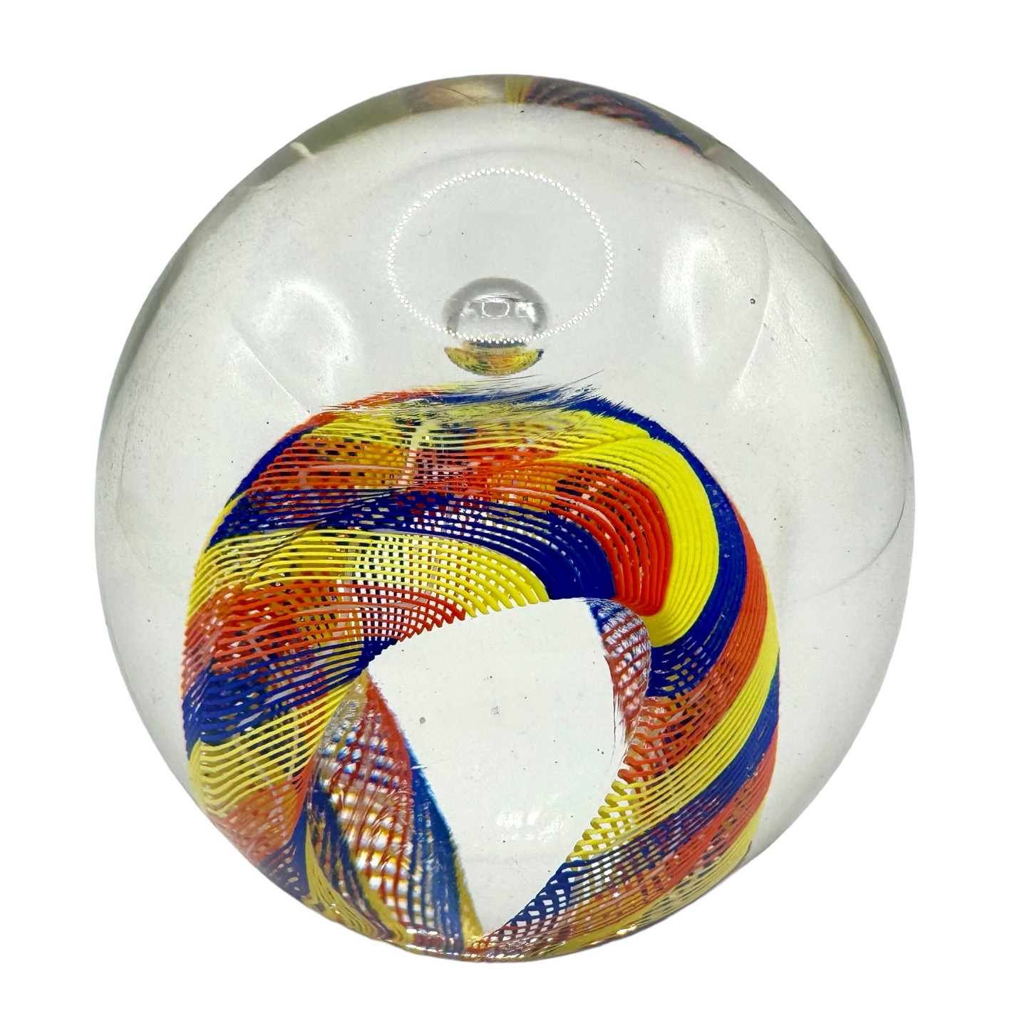 Signed Vintage Art Glass Paperweight Red Yellow Blue Spiral Lattice Swirl