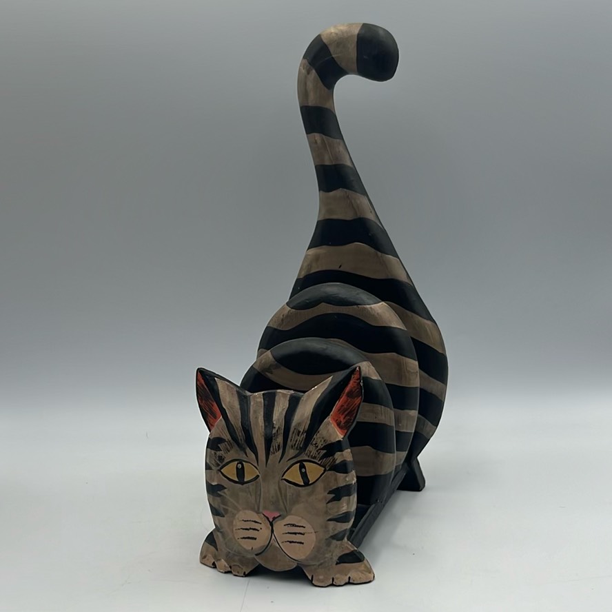 Hand Painted Folk Art Wooden Crouching Cat Letter Holder 11”