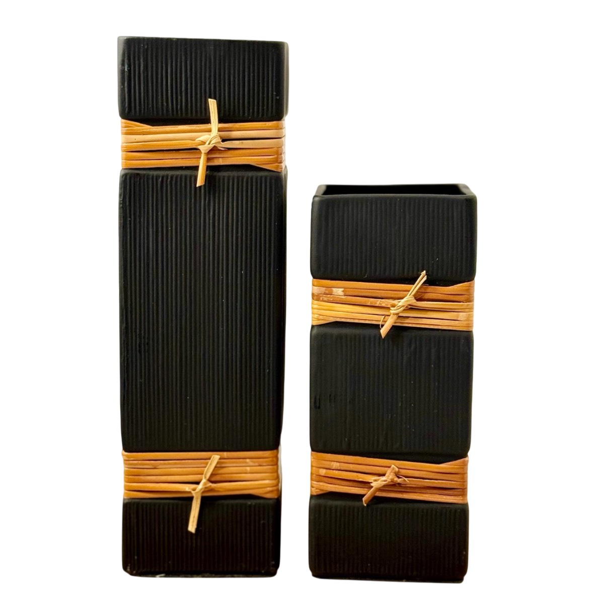 1980s Balos Glass Vases 7” & 5” Mouth Blown-Square Shape-Matte Black ...