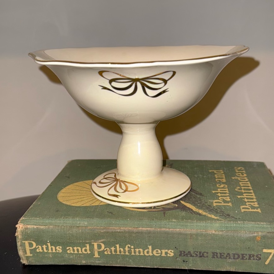 Teleflora Ivory Compote Candy Dish with Gold Bows and Trim