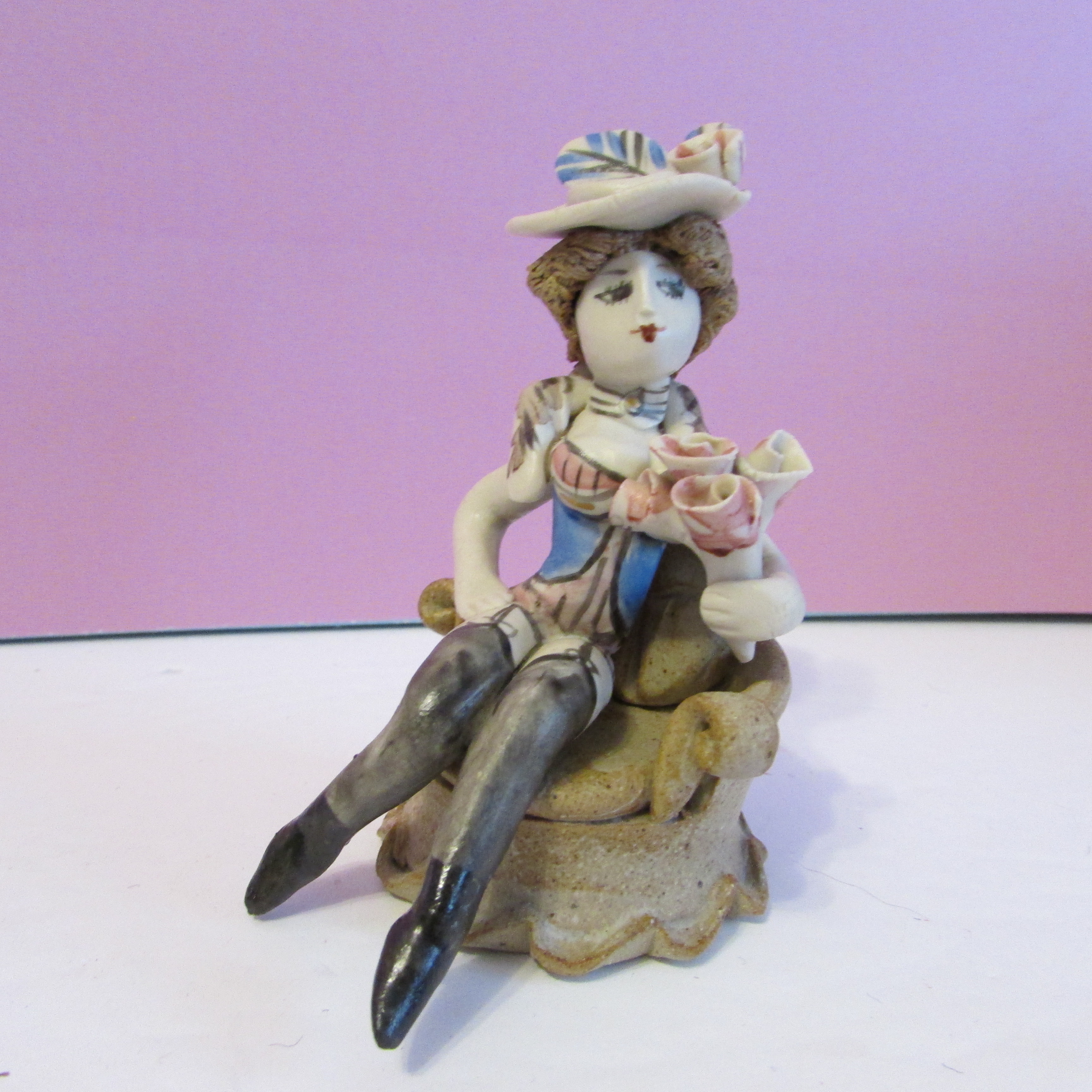 vintage victorian cheeky lady in corset and garter clay figure signed B ...