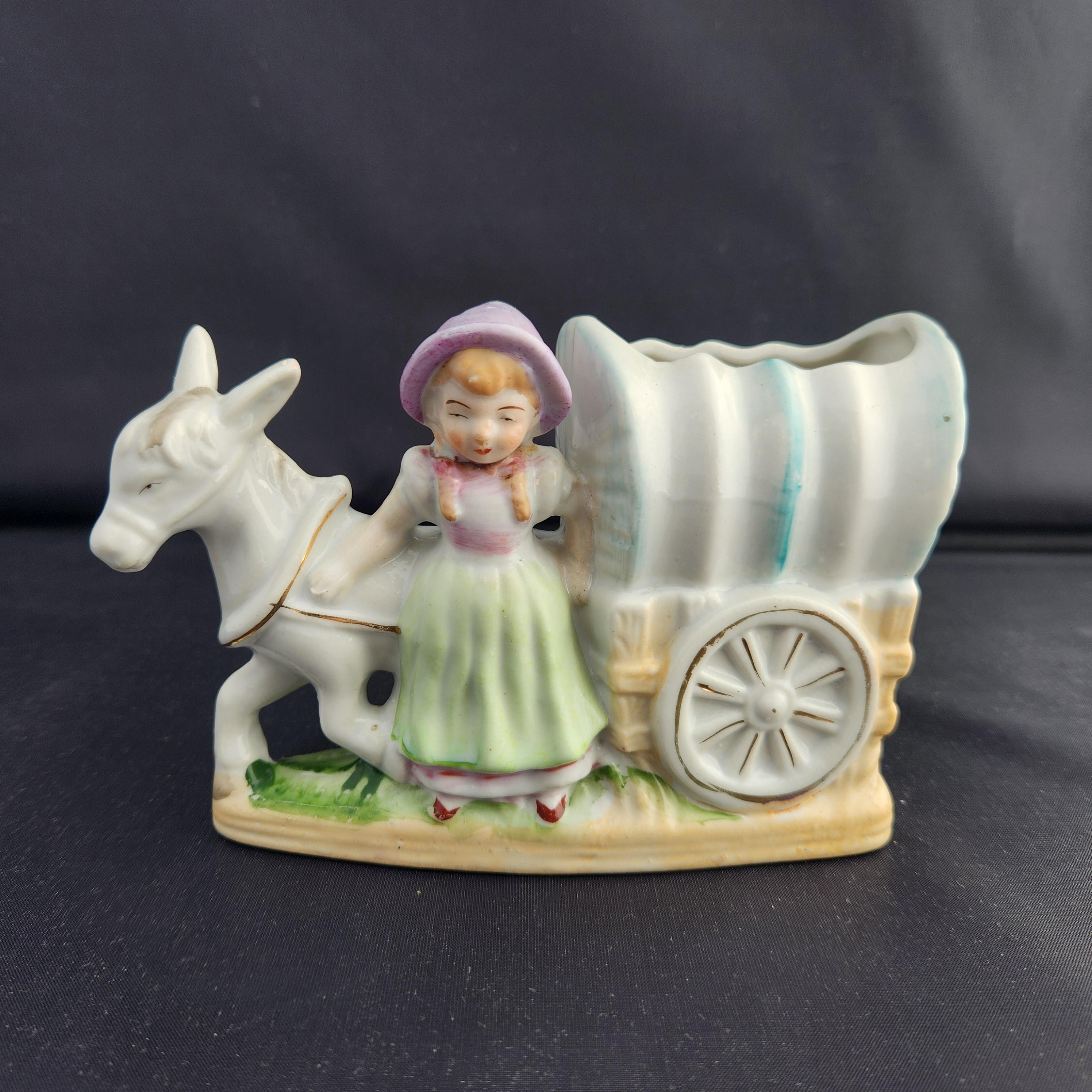 Pioneer Girl in Bonnet w Mule & Covered Wagon Planter Posey Vase or Pen ...