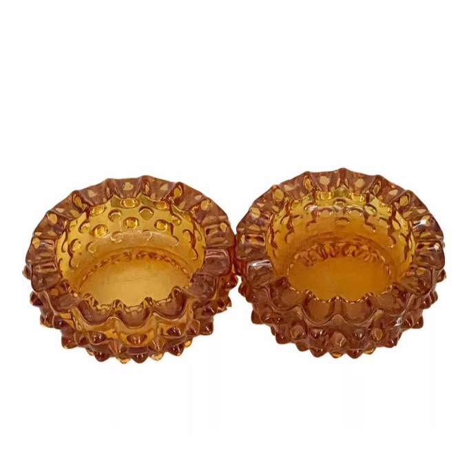Set Of 2 Vintage Fenton Amber Glass Hobnail Coasters Trinket Dishes Tea ...