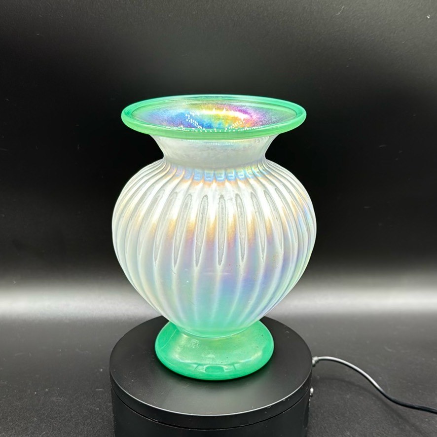 Wheaton Village Ribbed Frosted Iridescent Jade Glass Pedestal Vase ...