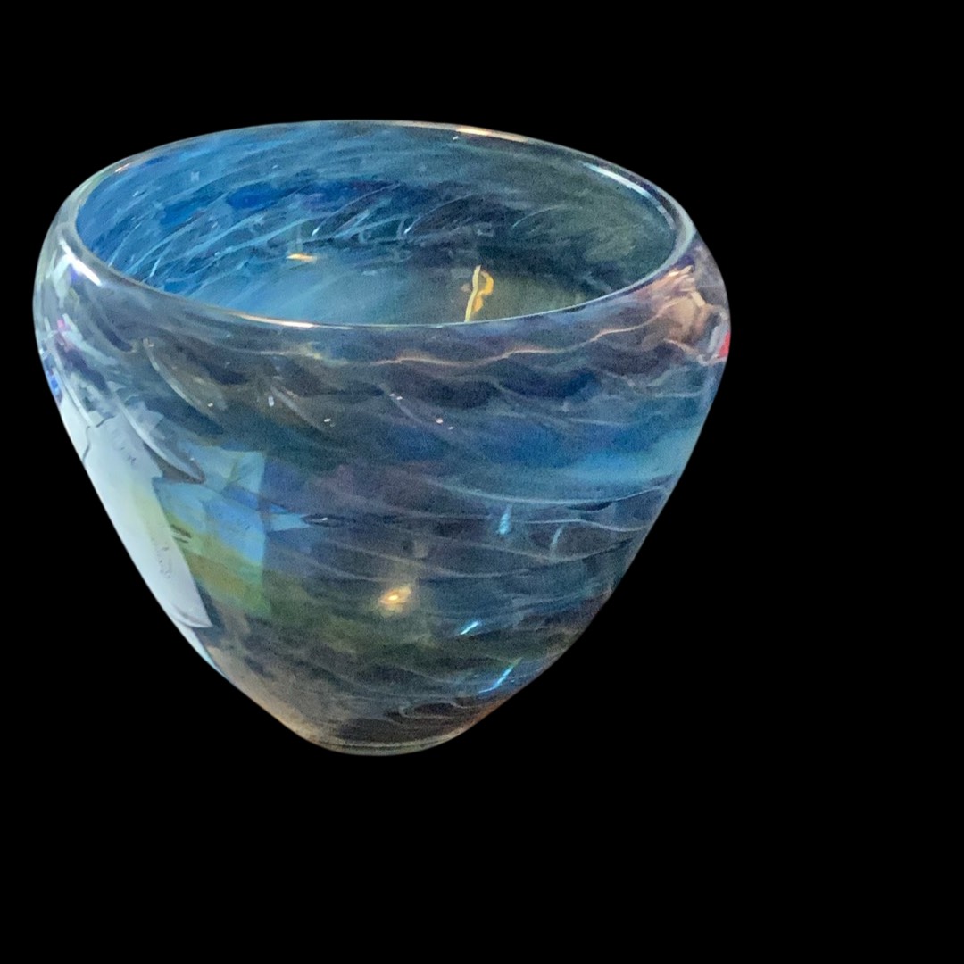 Signed Art, Glass Vase, “Tim Lazer”Blue Swirl Striped 90