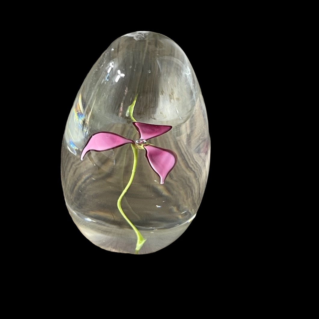 Signed Wilson Studio Art Glass Pink Flower Egg Paperweight