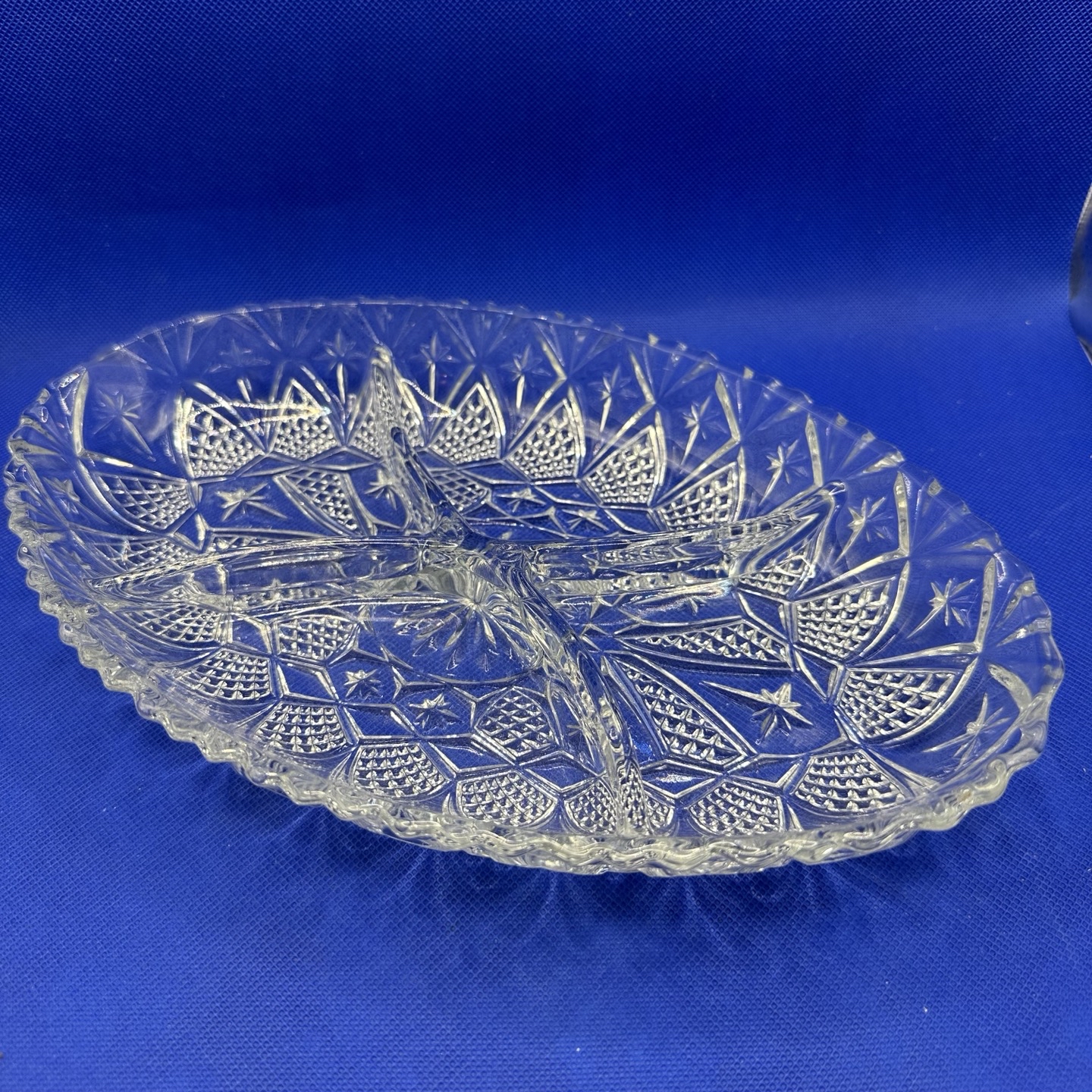 #822 Vintage Crystal Oval Divided Cut Glass Candy/Condiment Dish