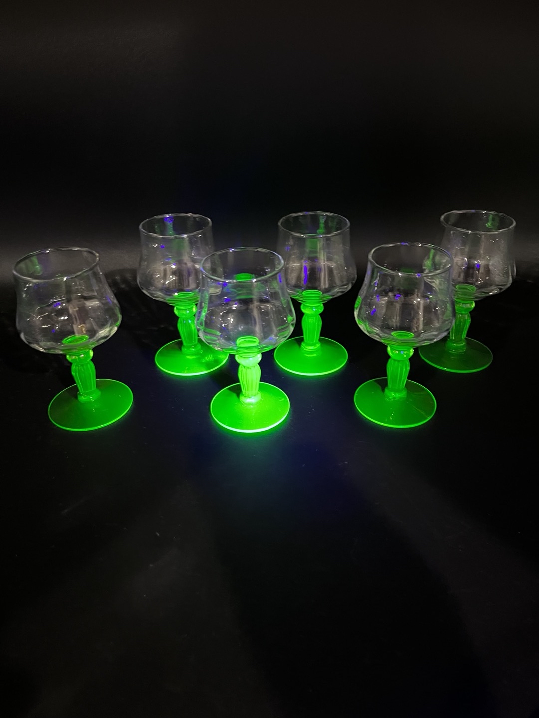 Set Of 6 Libby Clear Glass & Uranium Green Stem Aperitif Goblets 4” 🍷