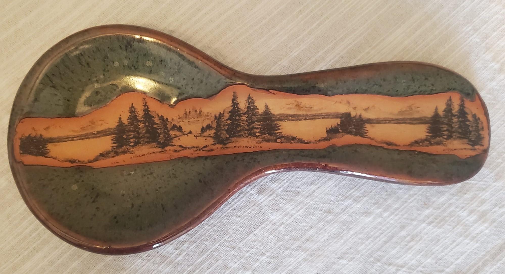 Studio Art Pottery Spoon Rest with Mountain and Pine Tree Scenery ...