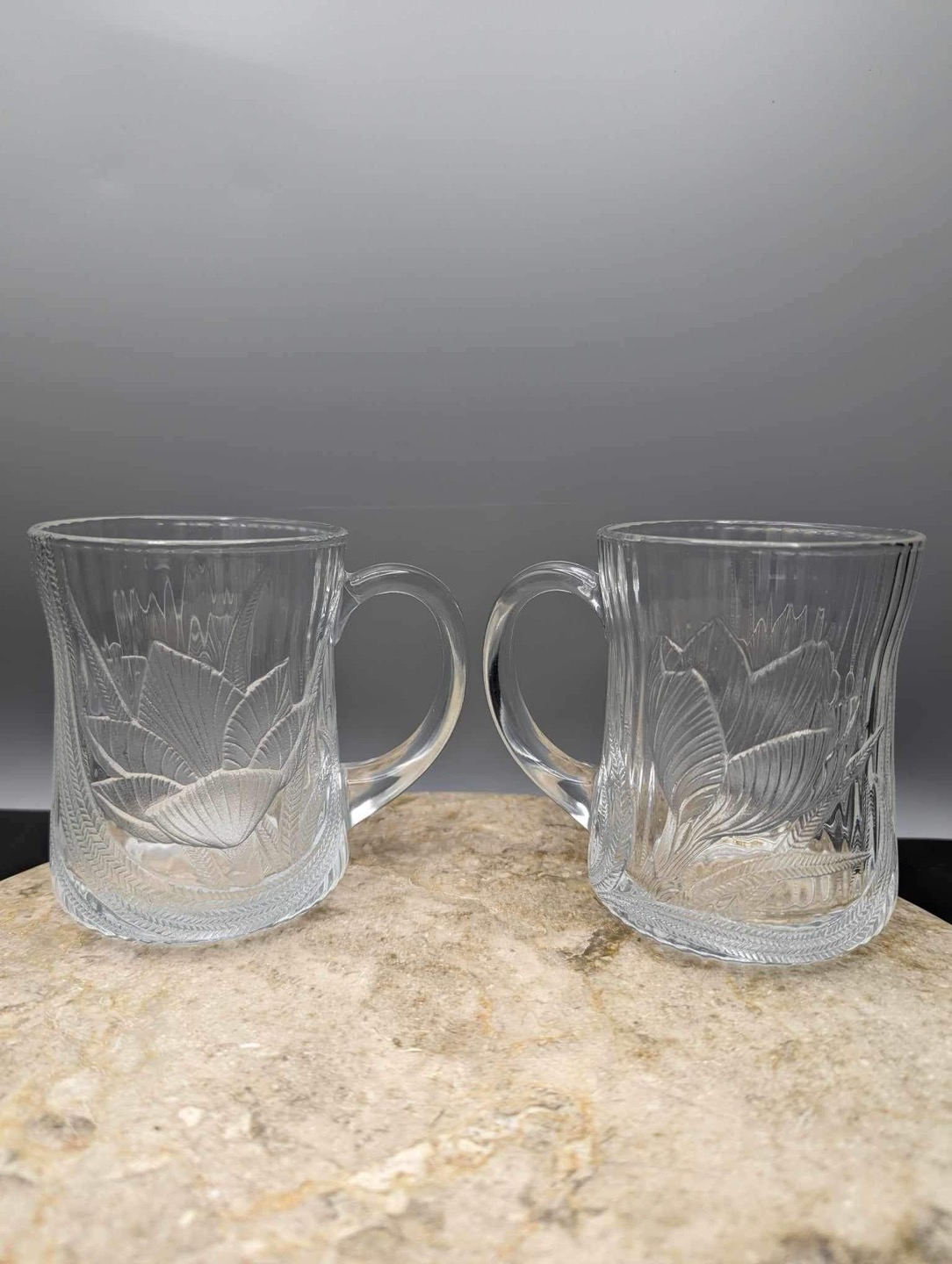 2 Arcoroc VTG. Canterbury Crocus Clear Glass Coffee Mugs 3D France 4" X ...
