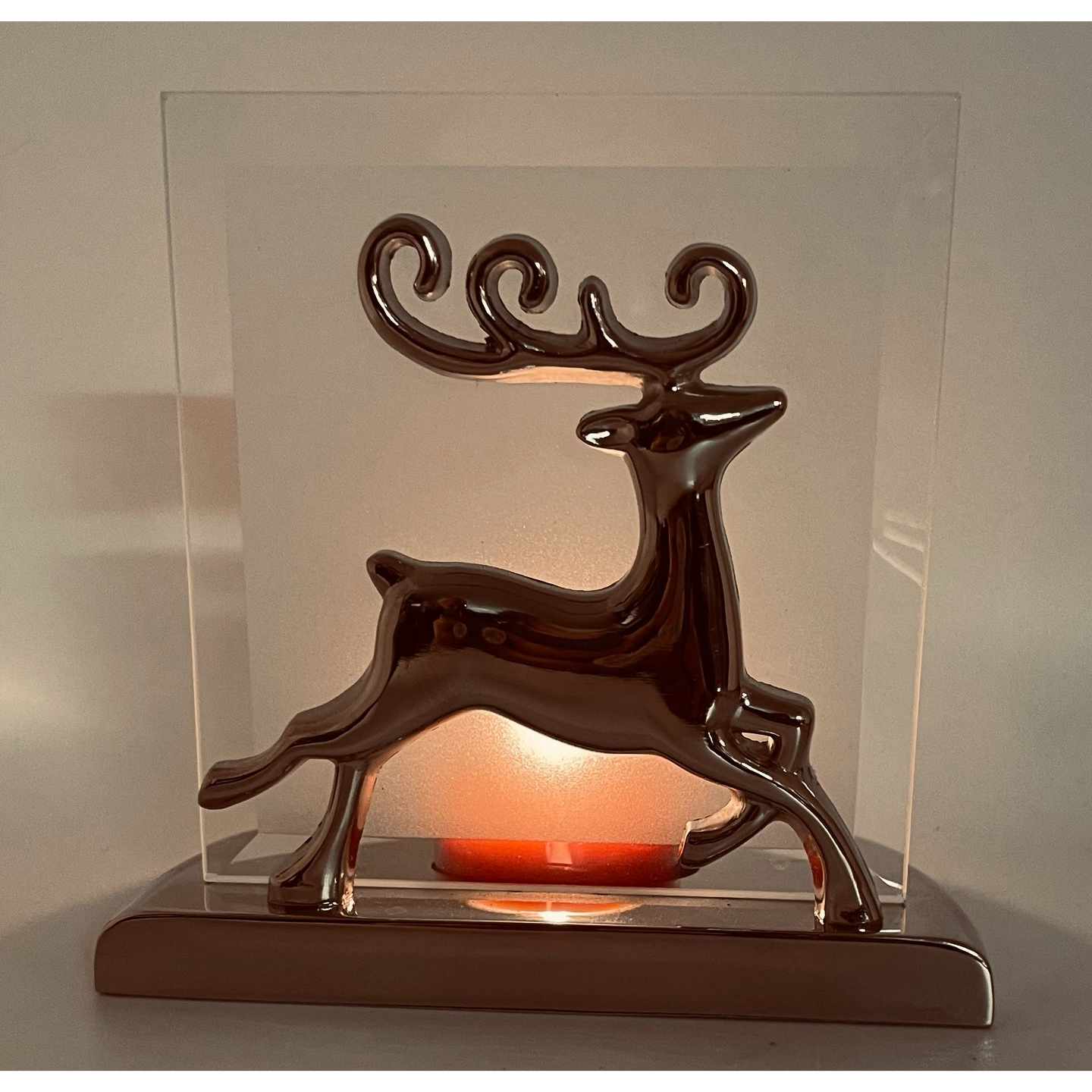 Kirkland Signature Silver & Glass Reindeer Tea Light Candle 5" T x 4.75" W