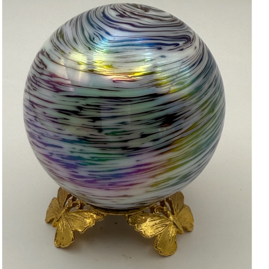 Vintage Balos Art Glass White Swirl Iridescent Paperweight
