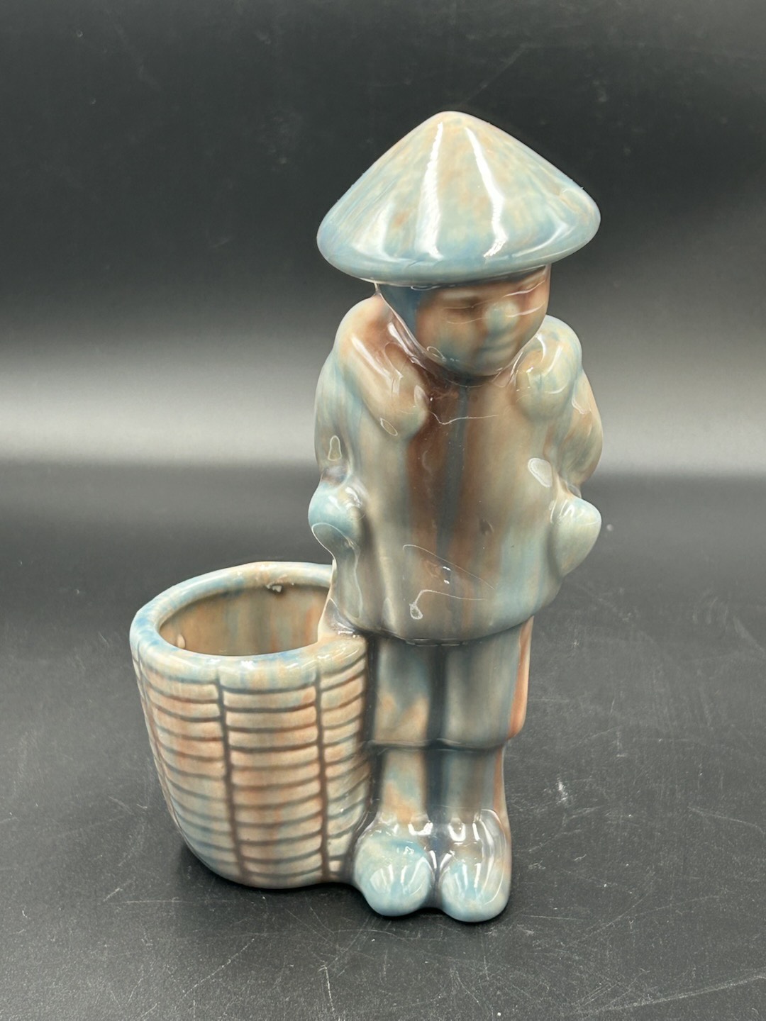 Vintage Asian Man & Child Drip Glaze Pottery Planter Pot