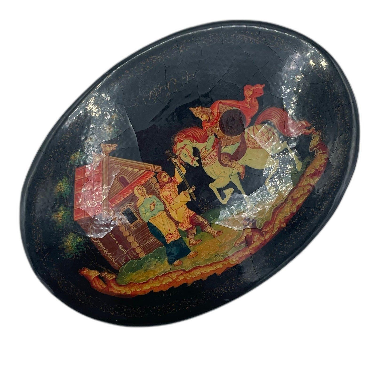 Vintage Russian Lacquerware Oval Dish with Folk Art Scene