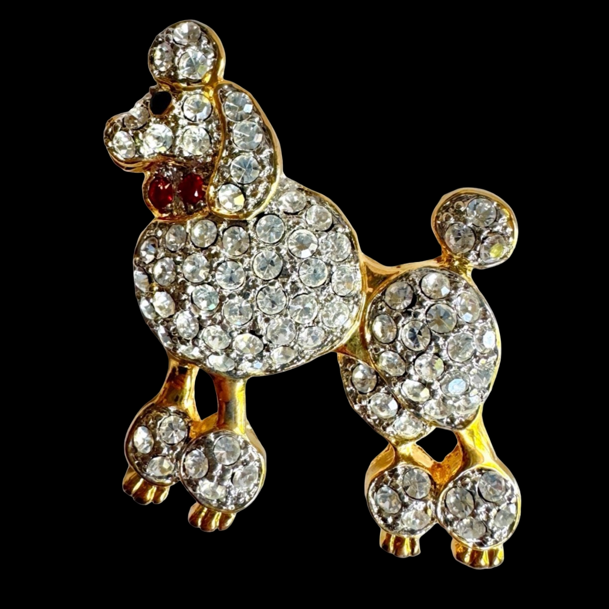 Rhinestone Gold Tone Poodle Brooch/Pendant