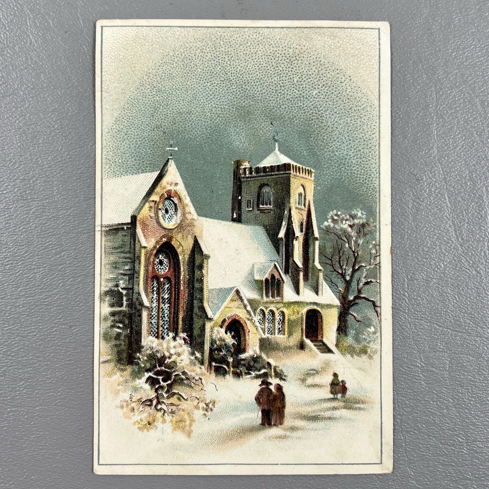 Victorian Trade Card Snowy Church Winter Snow Embossed 3.5x5.5"