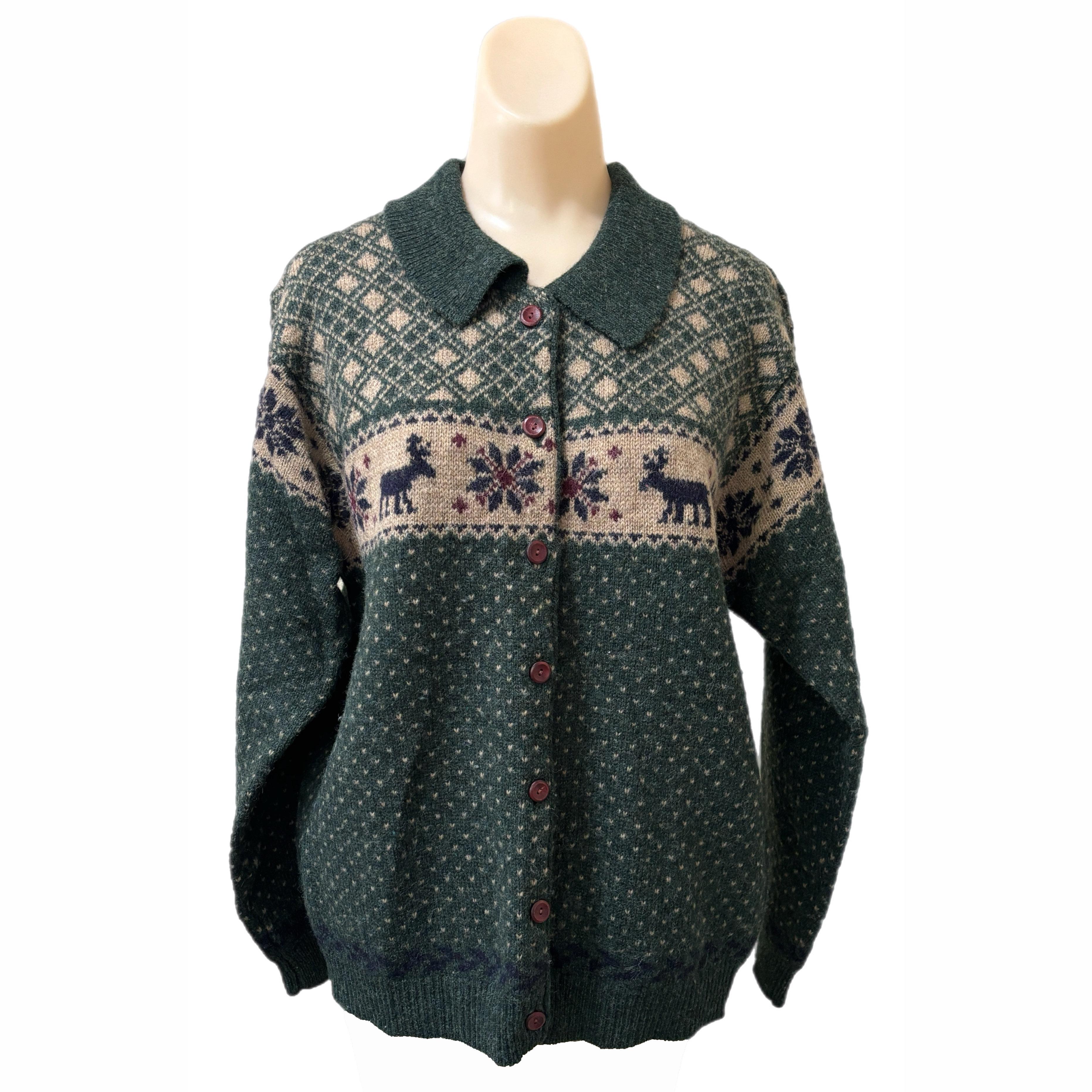 Croft Barrow Large Wool Cardigan Moose Snowflake Multicolor Sweater Vintage