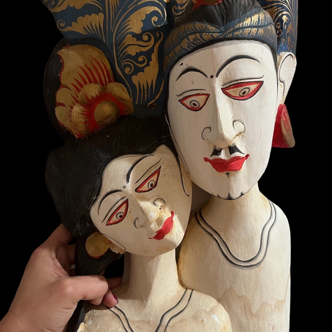 Large Indonesian Folk Art Wooden Hand Painted Couple Statue/Wall ...