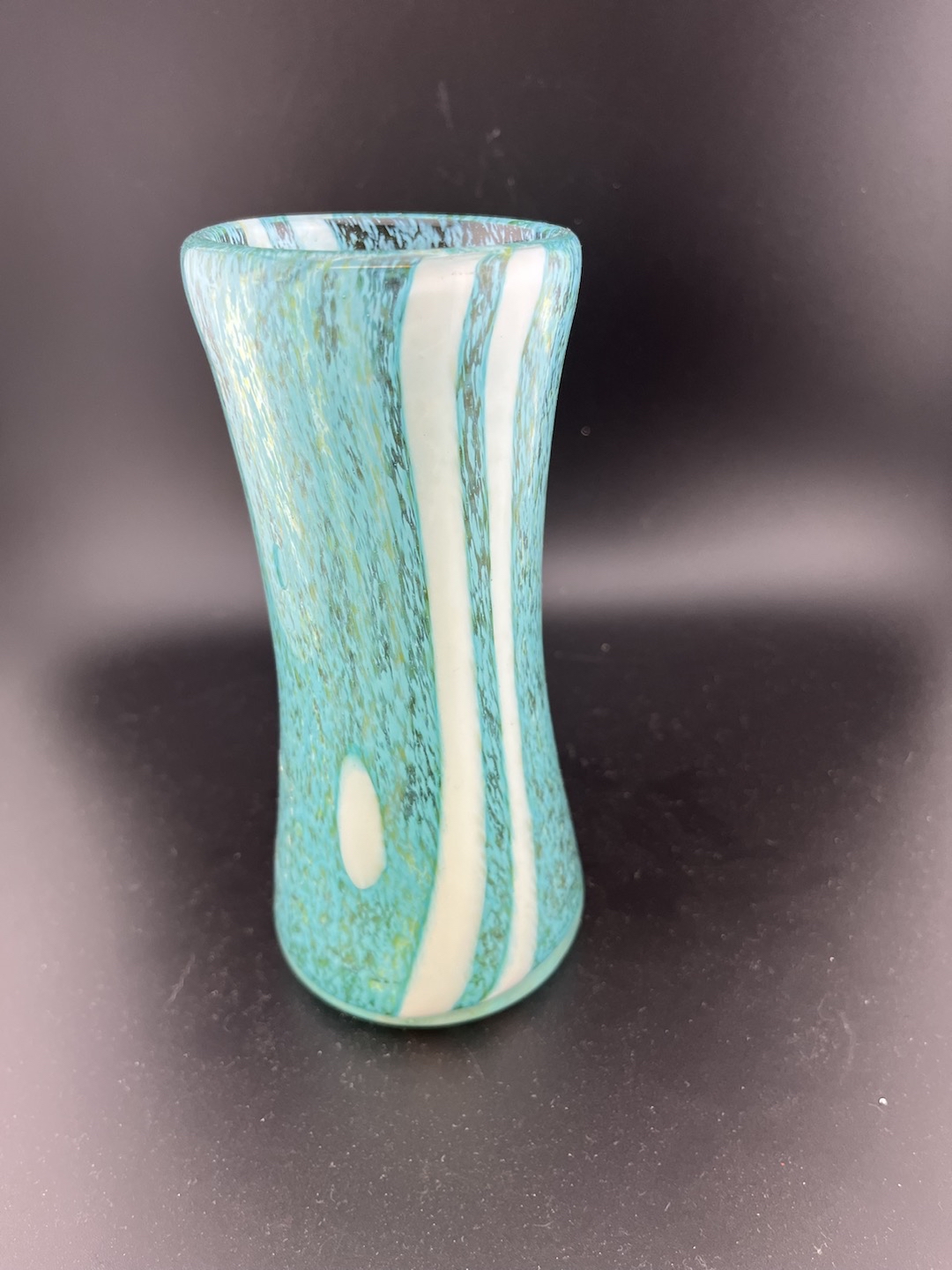 Teal and White lined/splattered art glass vase
