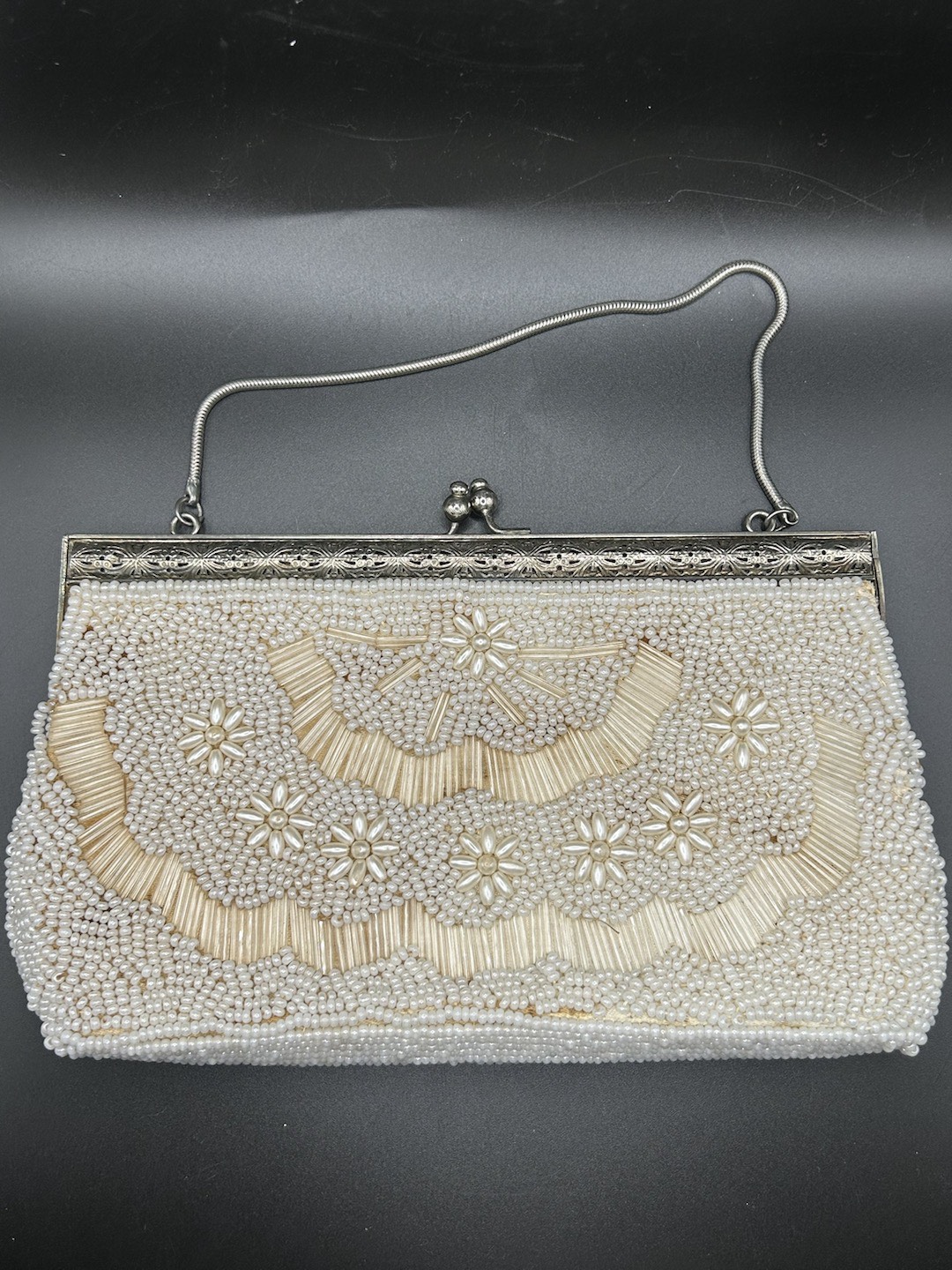 Vintage Heavily Beaded Off White Purse With Metal Trim Work