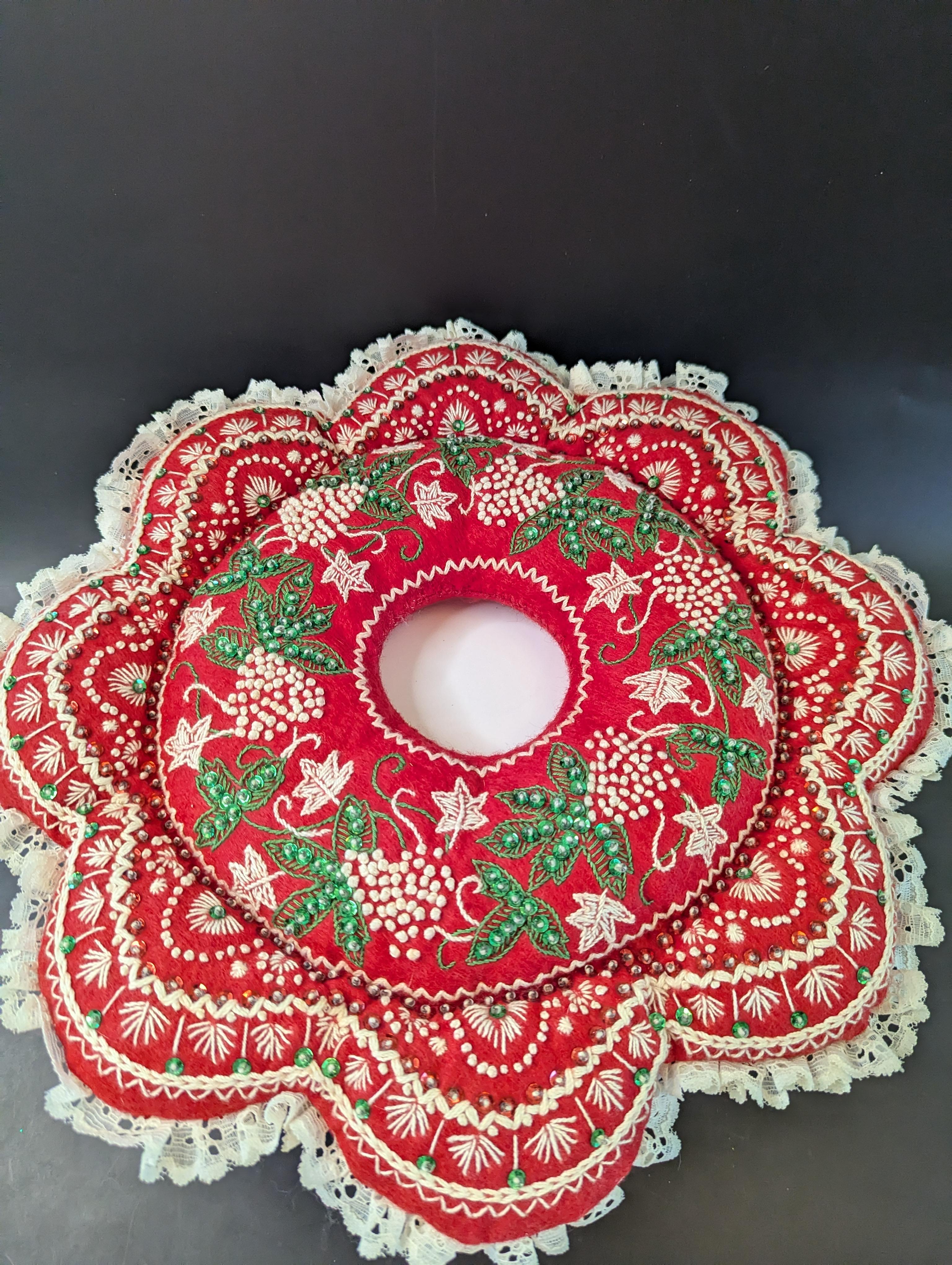 Vintage Red and Green Felt Wreath with Sequins and Lace