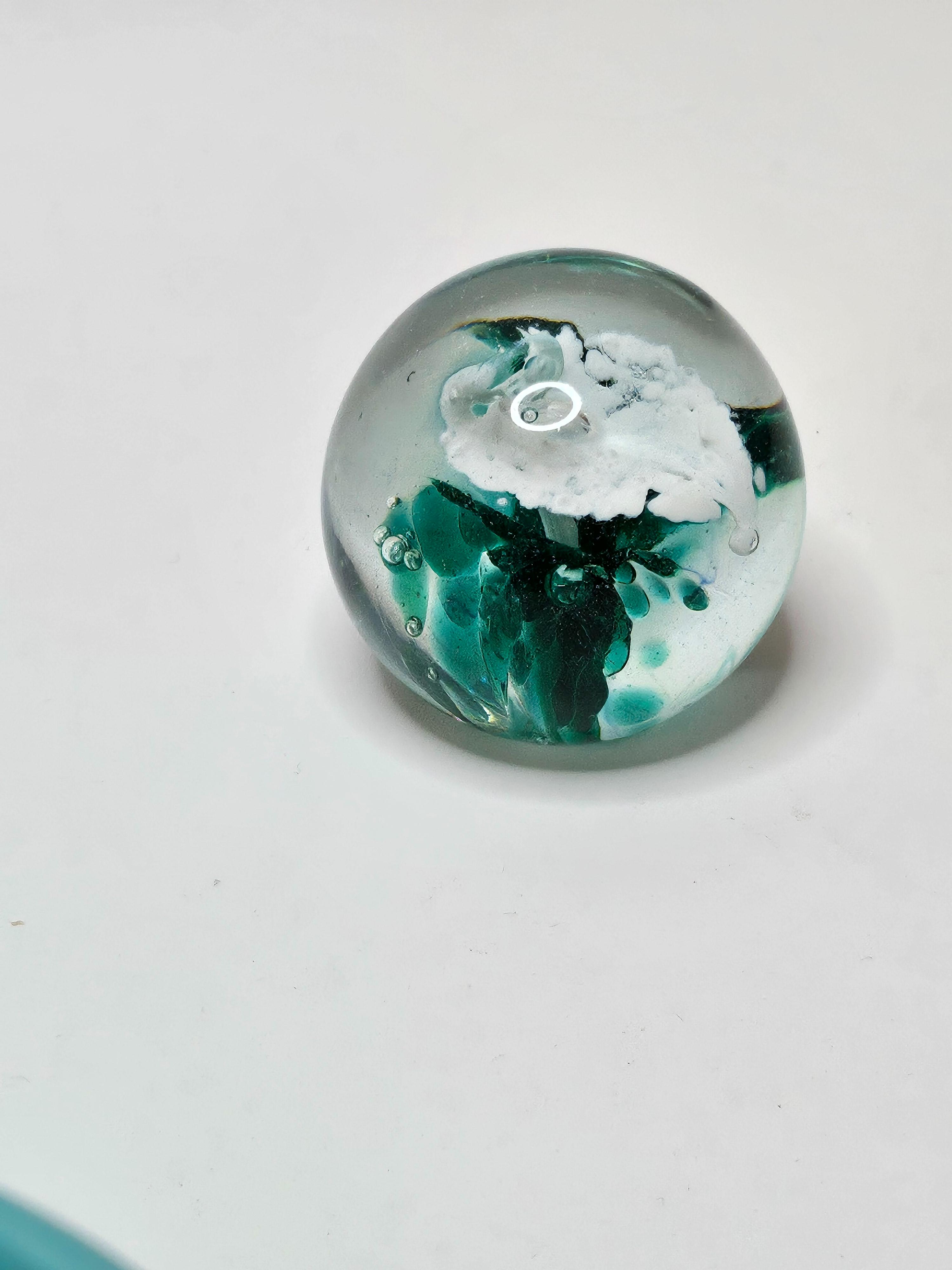 Glass Paperweight White Flower Green Leaves Bulicante Small Round