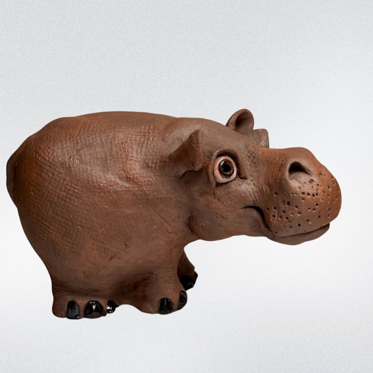 Pottery Hippopotamus Figurine Clay Color Signed 4-1/8 T x 7” L x 3.5” W
