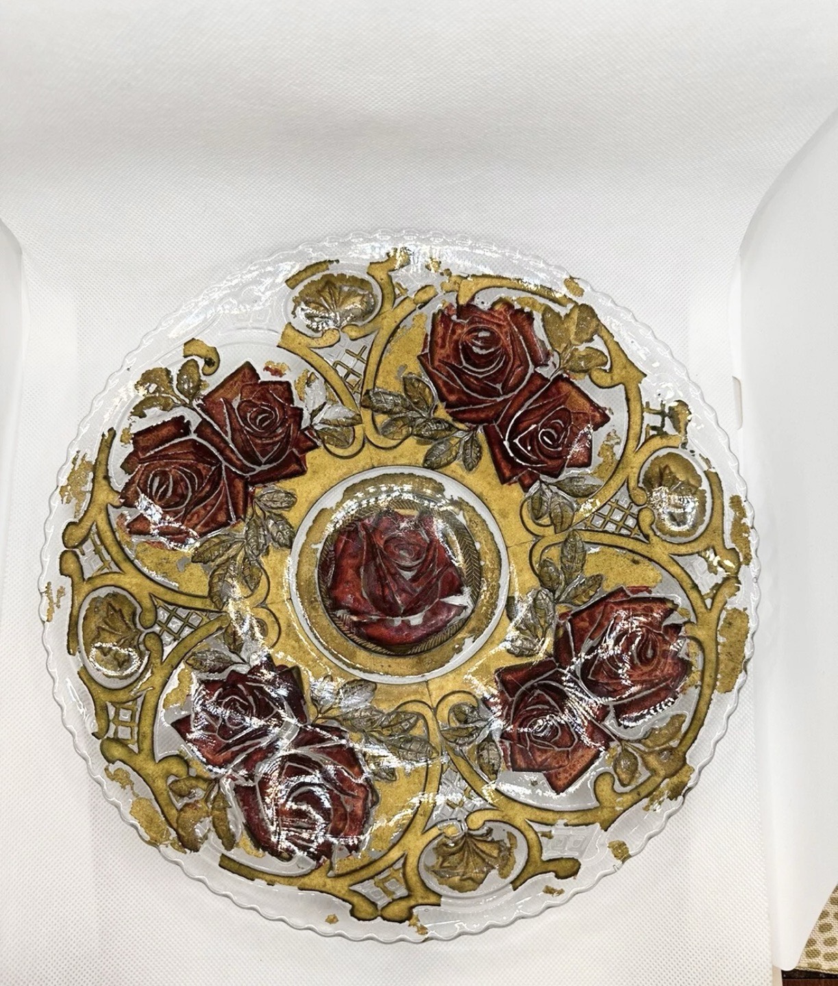 Antique Goofus Glass Plate Gold and Red Rose Early 1900s