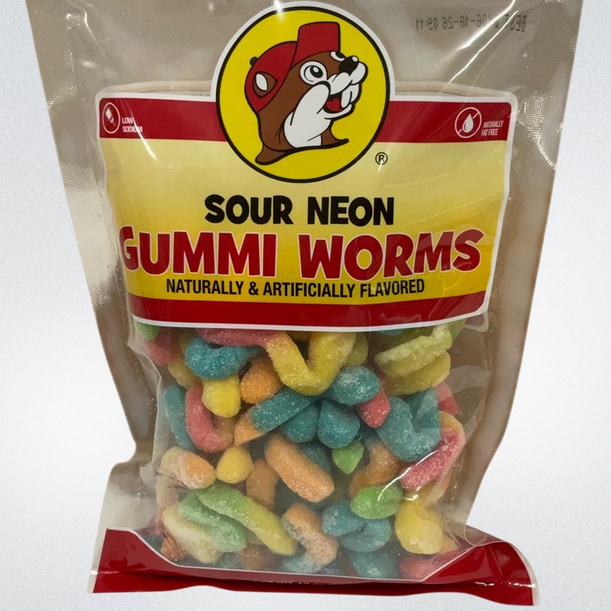 Buc-ee's Sour Neon Gummi Worms in a Resealable Bag, 12 Ounces