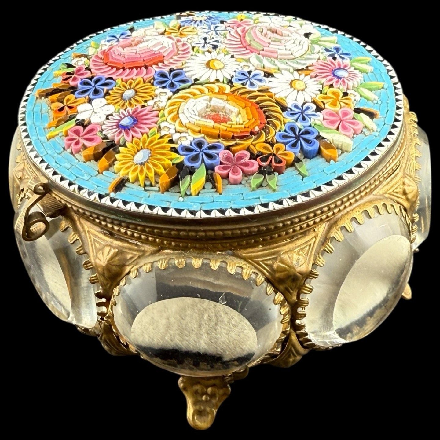 Antique Micro Mosaic Jewelry Casket with Glass Windows 4”x2.75”