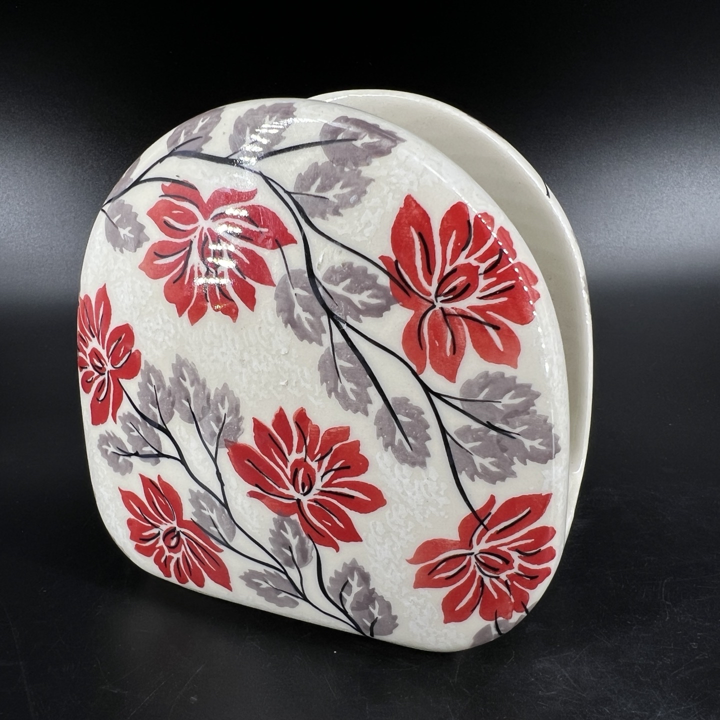 Polish Pottery Rejman Red Flower Napkin Holder Unikat Poland