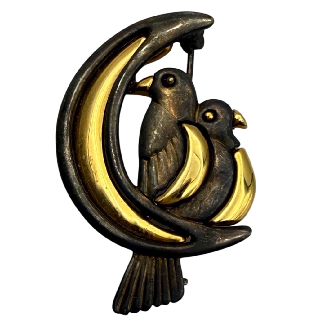 Birds On Crescent Moon Gold Tone Danecraft Brooch 1 1/2"