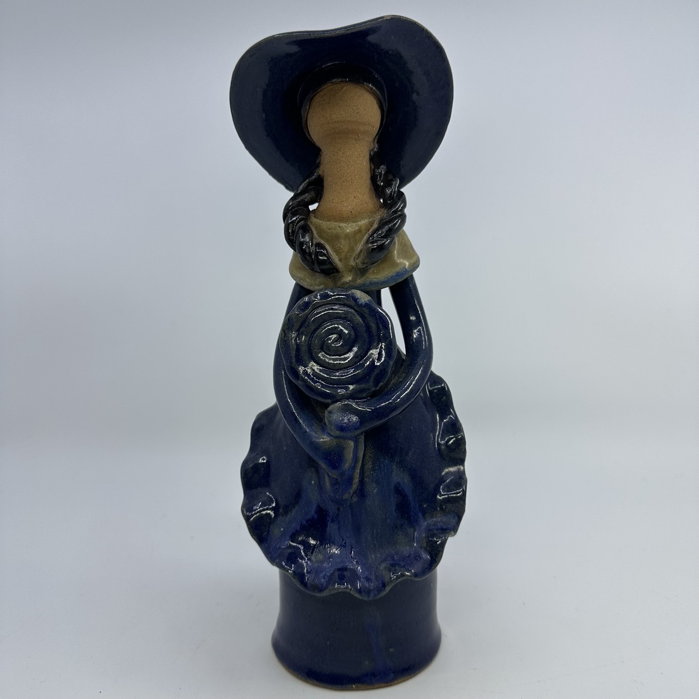 Vintage Handmade Art Pottery Lady In Blue Bonnet Figurine 10”