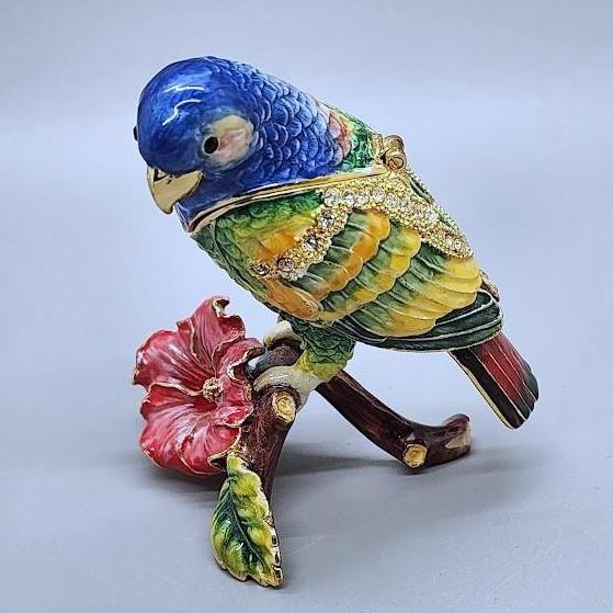 Parrot & Hibiscus Enameled Trinket Box