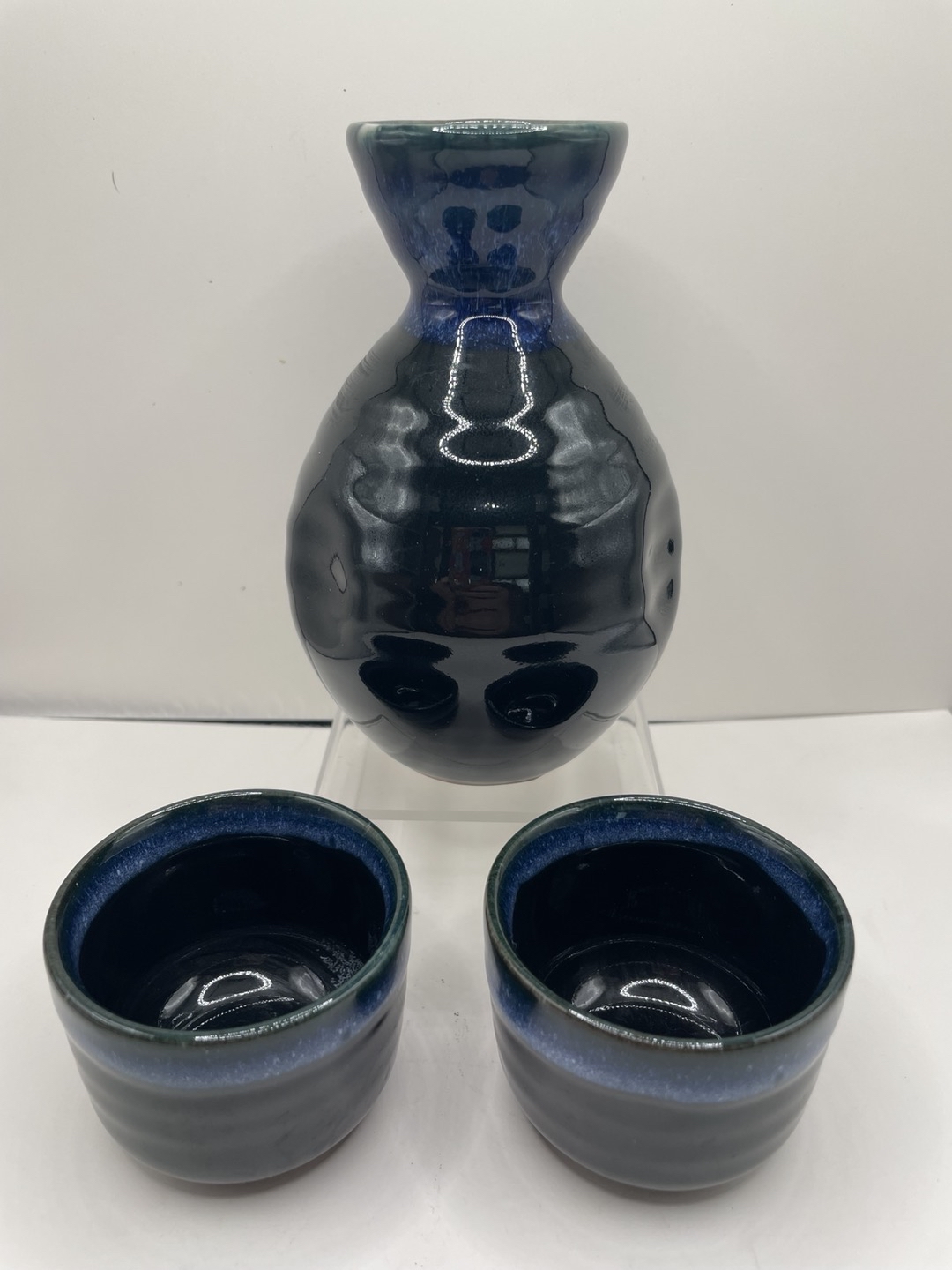 Vintage Ceramic Blue Glazed Sake Set Of 3