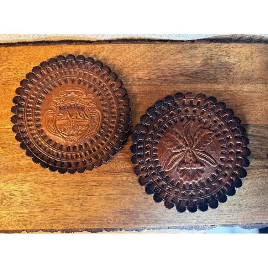 Set of 2 Vintage Costa Rica Brown Leather Trivets 6.5"
