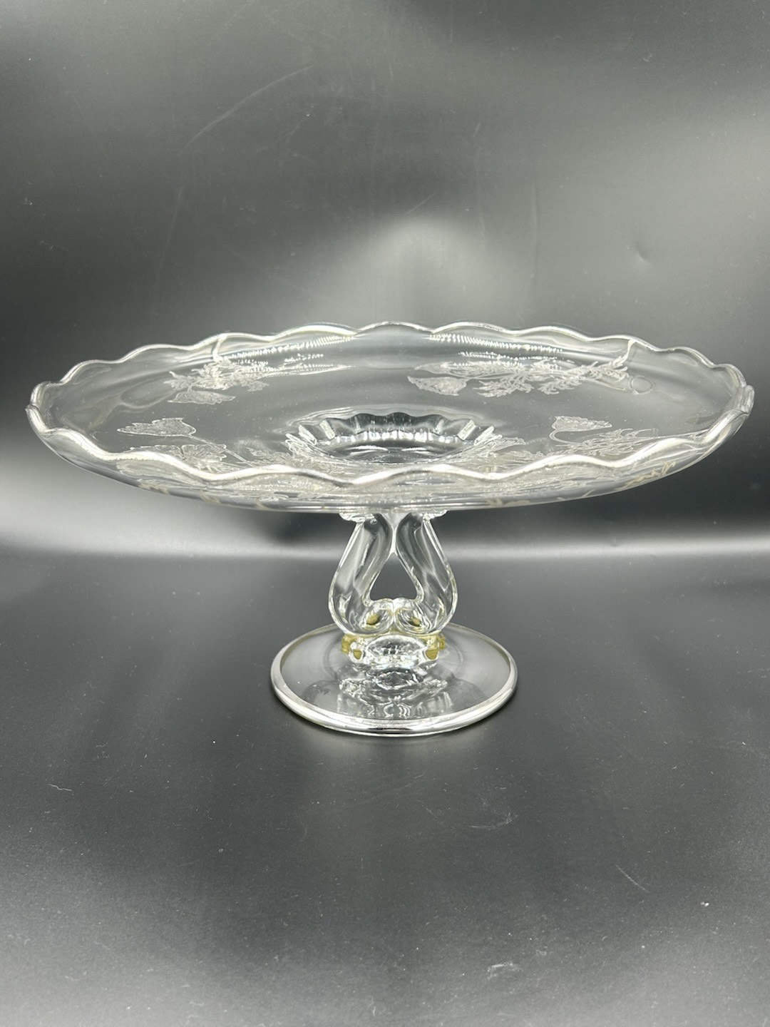 Vintage Glass Silver Overlay Clear Glass Cake Stand GLOWS Poss ...