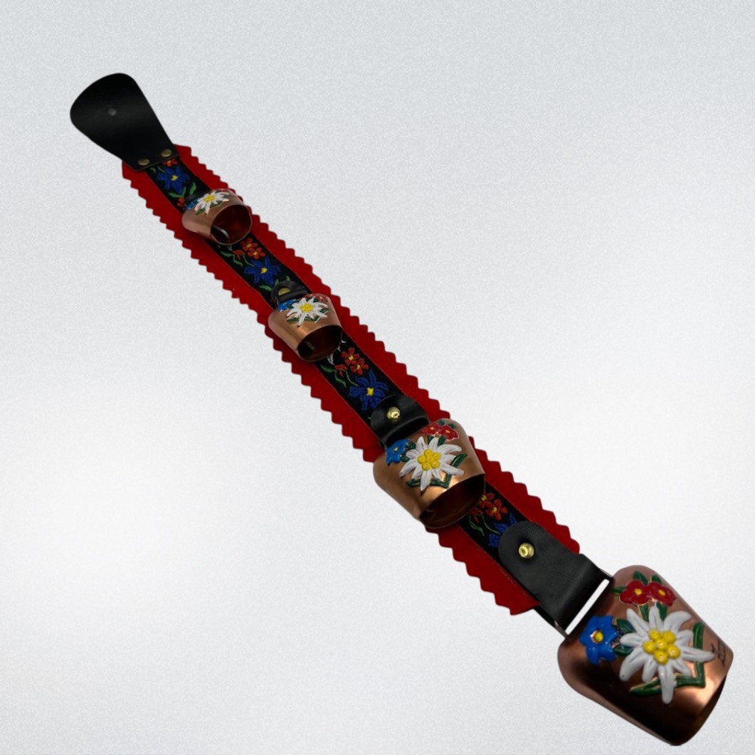 Vintage Swiss Hand Painted 19” 4 Metal Cow Bell Strap Embroidered ...