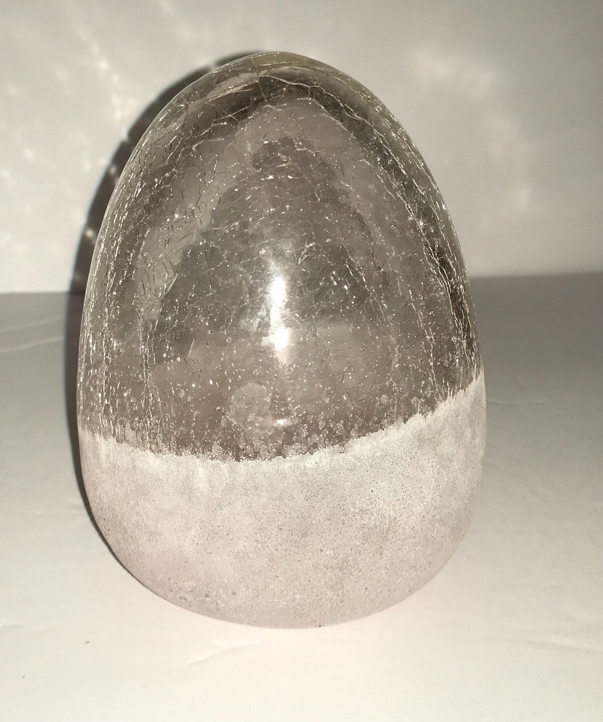 Clear Crackle Glass Egg Bottom Dipped In Pink Glittery Sand Type Texture