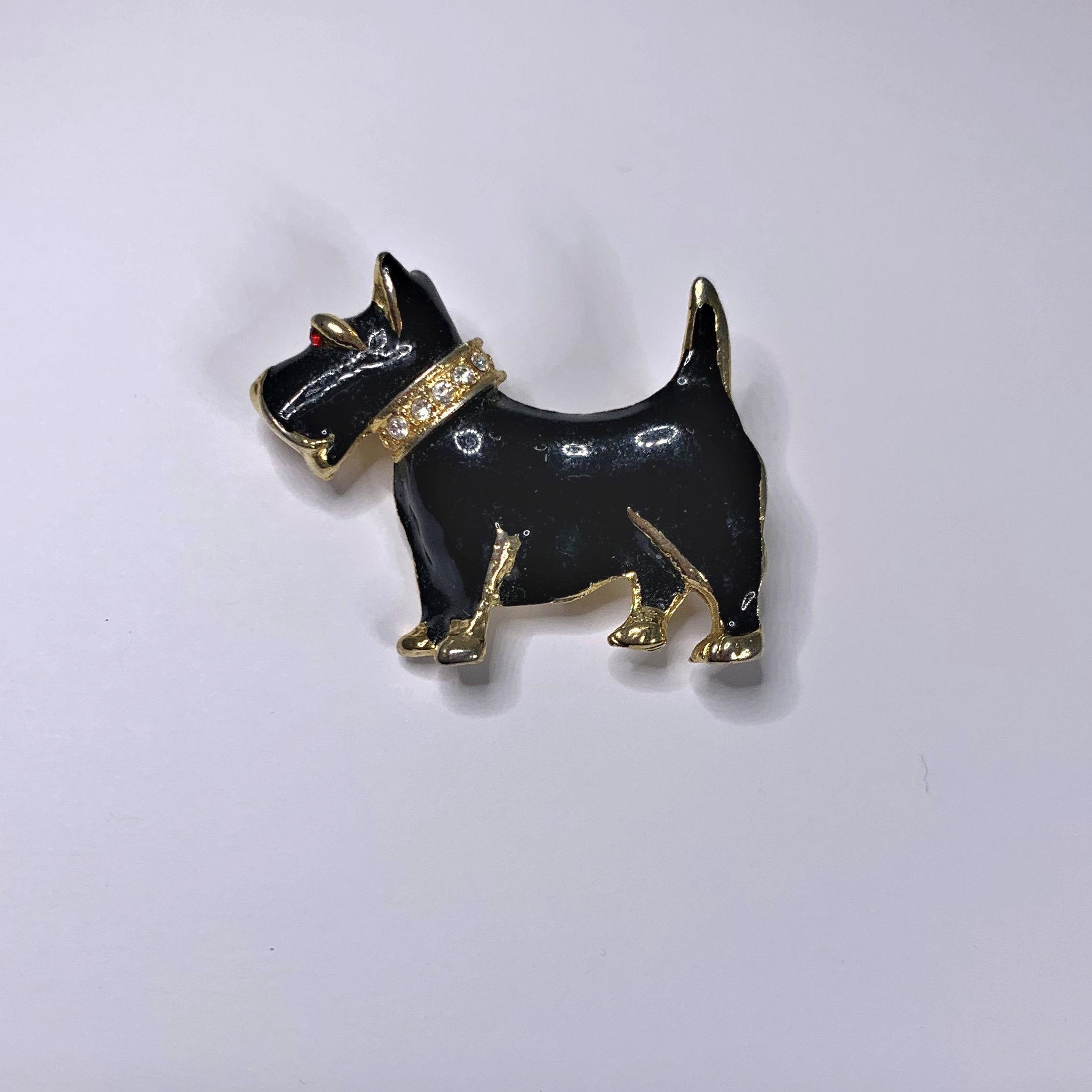 Black Enamel Scotty Dog Brooch Terrier Pin Rhinestone Collar Vintage Puppy